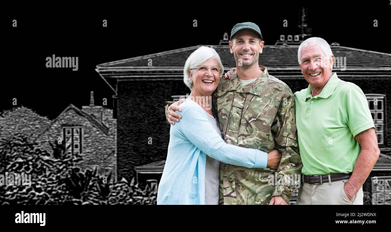 Composition of smiling male soldier with his parents and house in ...