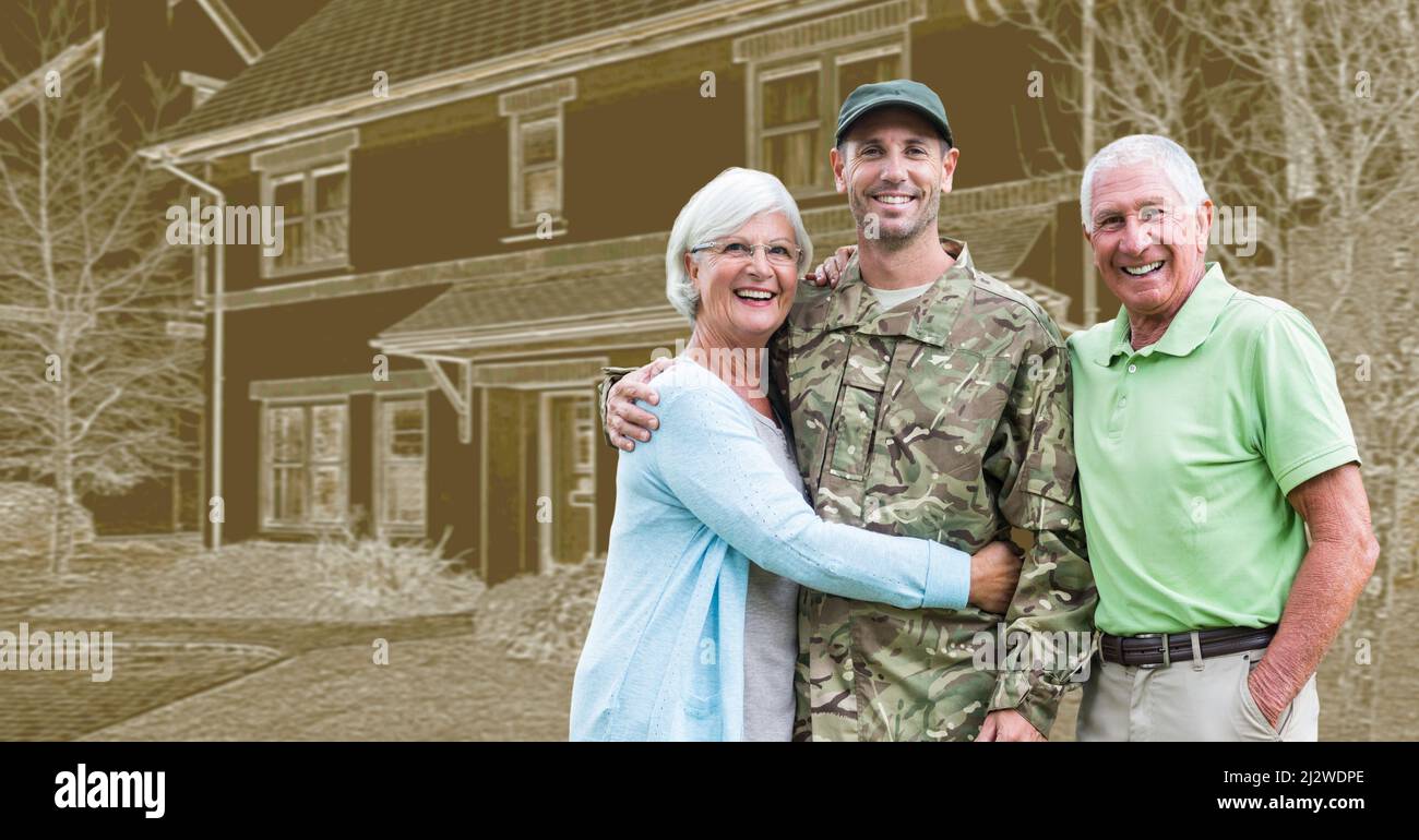 Composition of smiling male soldier with his parents and house in ...