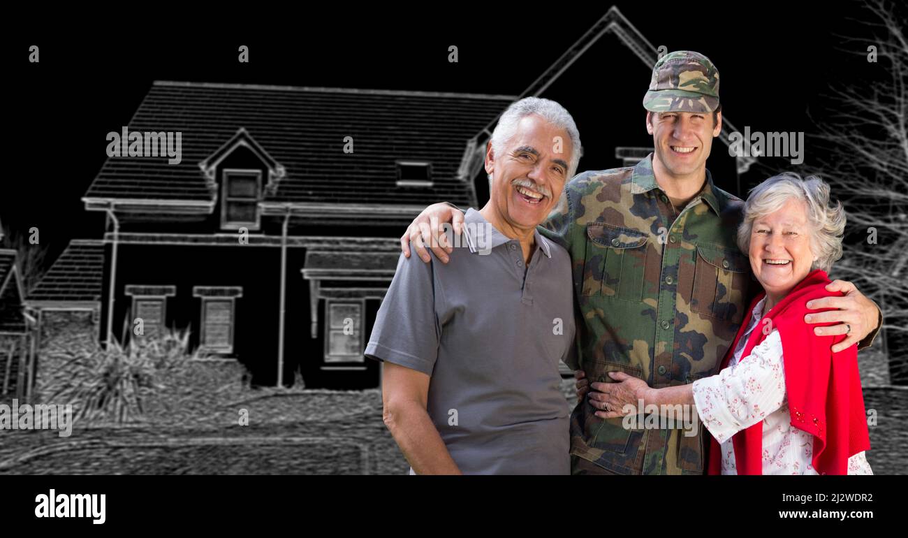 Composition of smiling male soldier with his parents and house in ...