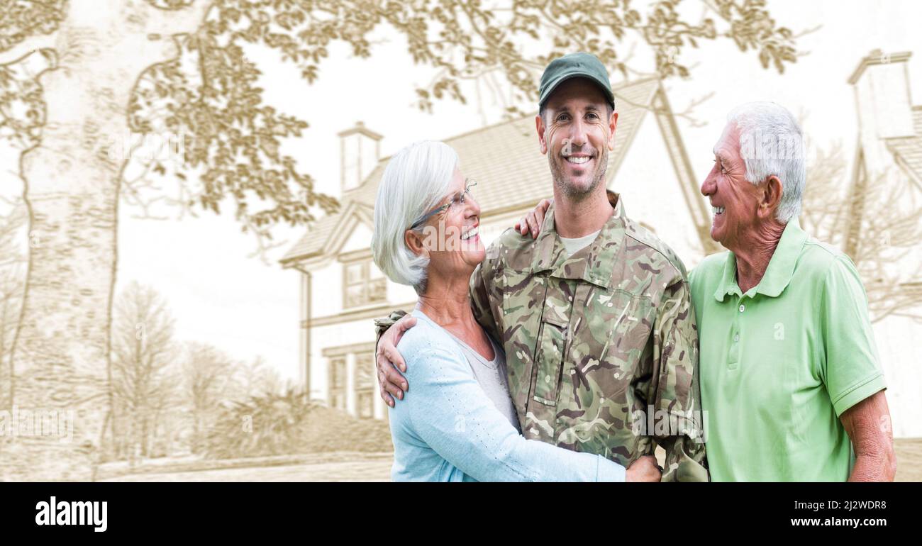 Composition of smiling male soldier with his parents and house in ...