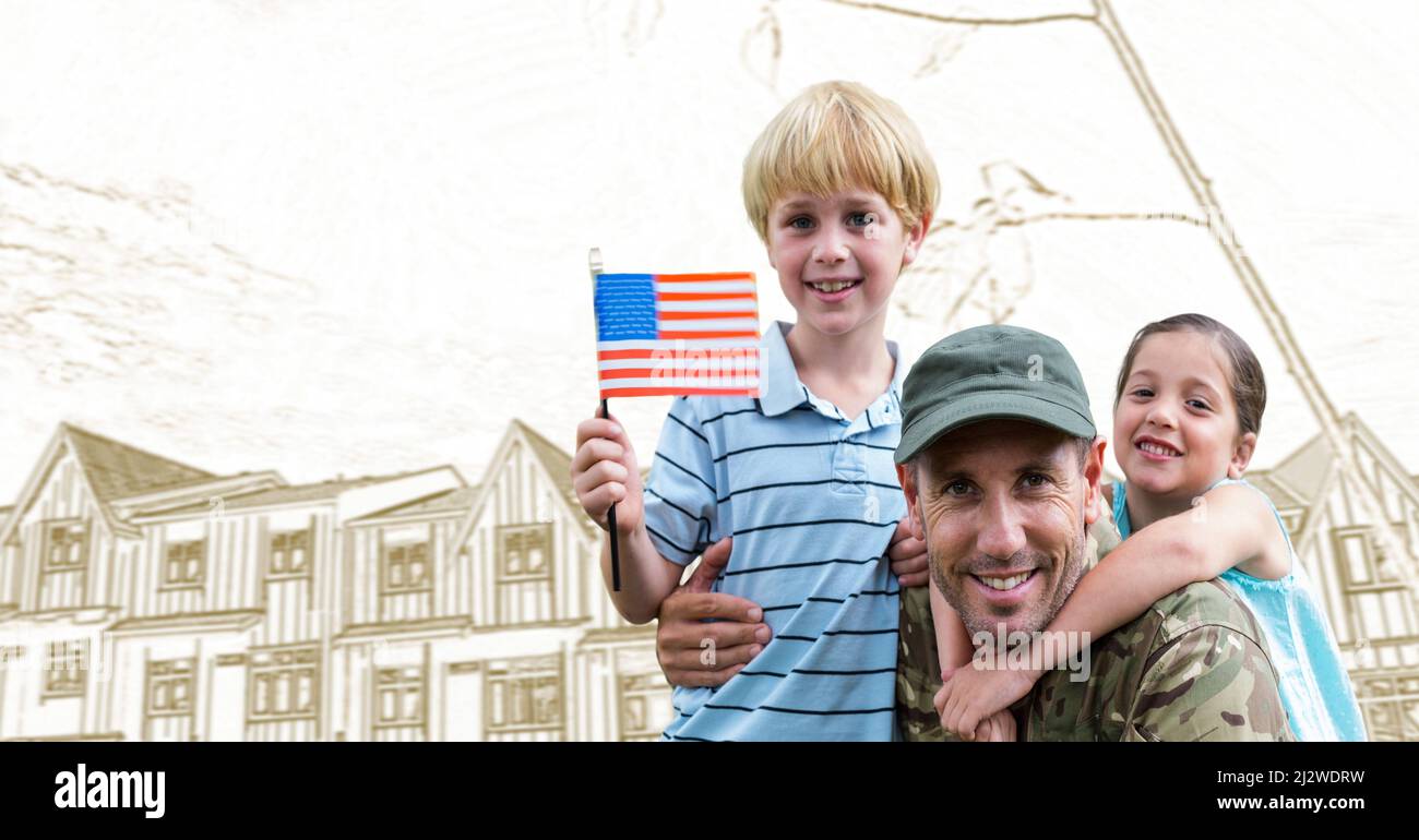 Composition of smiling male soldier with his children with american ...