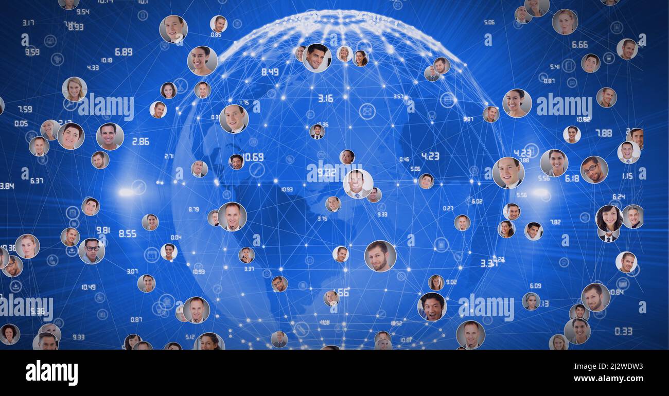Composition of network of connections with people's photographs over ...