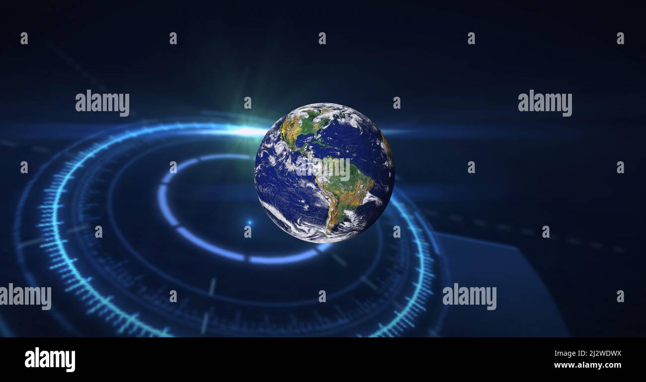 Composition of globe over blue scope scanning on blue background Stock ...
