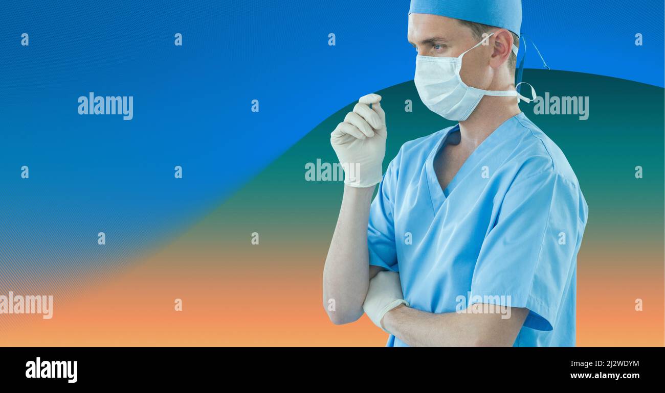 Composition of male surgeon in face mask with copy space on blue ...
