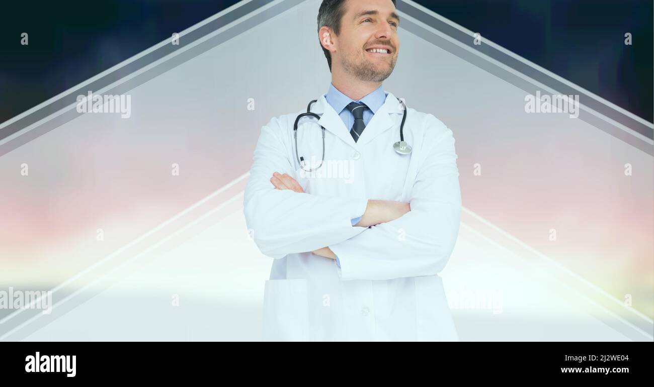 Composition of smiling male doctor in lab coat and stethoscope with ...