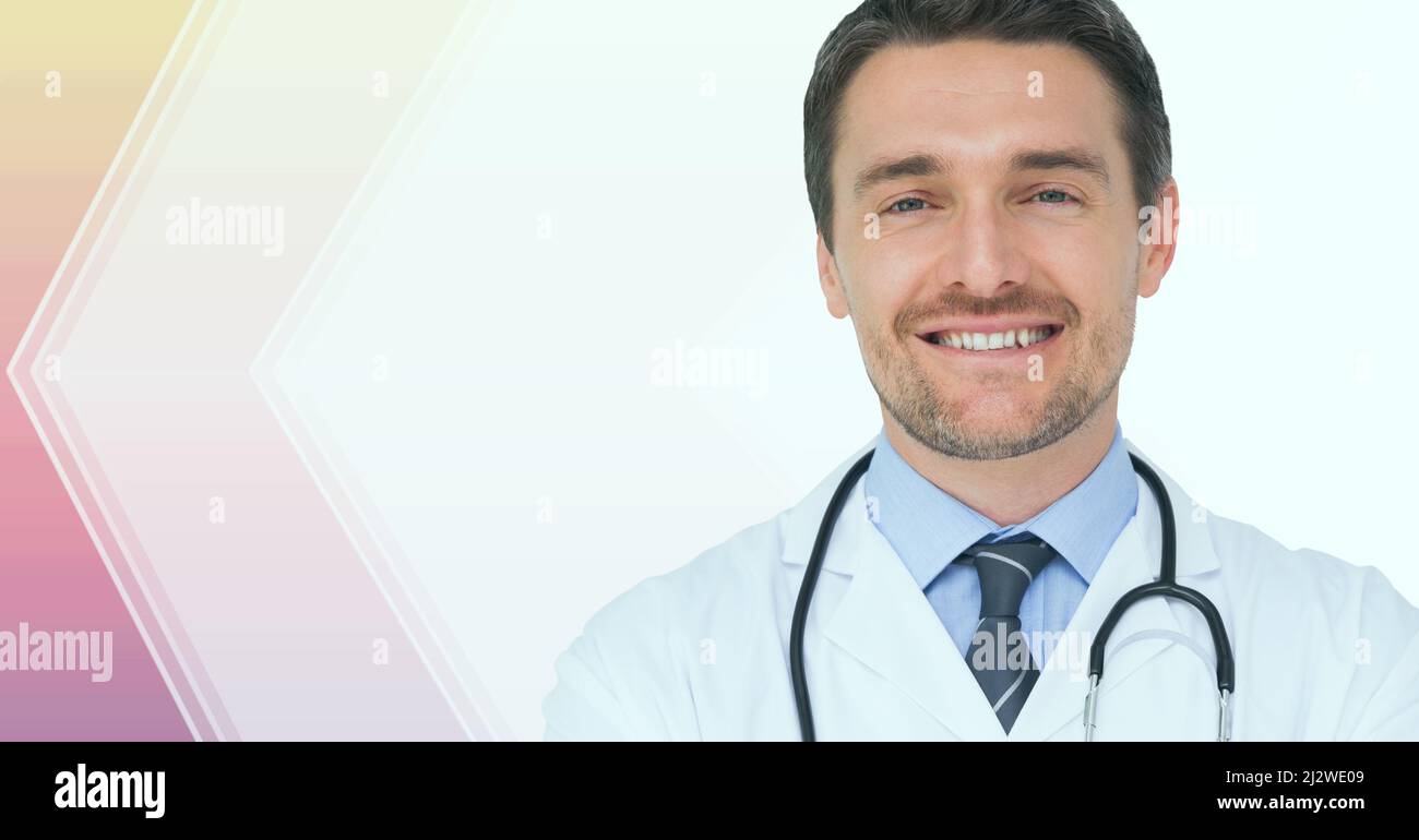Composition of smiling male doctor in lab coat and stethoscope with ...