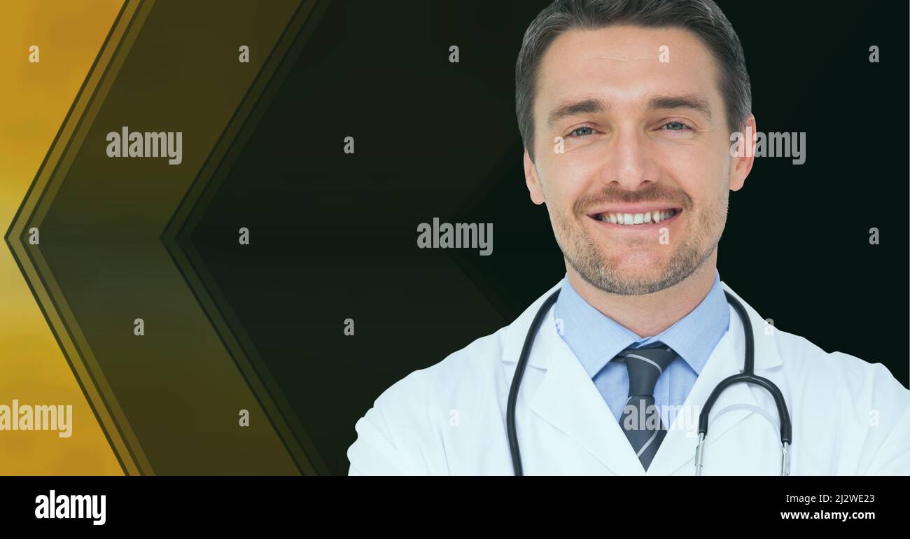 Composition of smiling male doctor in lab coat and stethoscope with ...