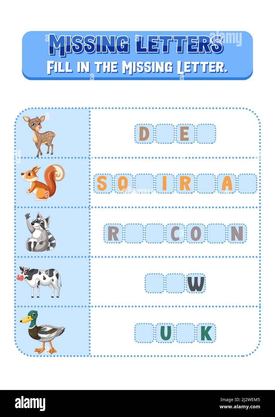 Fill the missing letter of each word worksheet for children ...