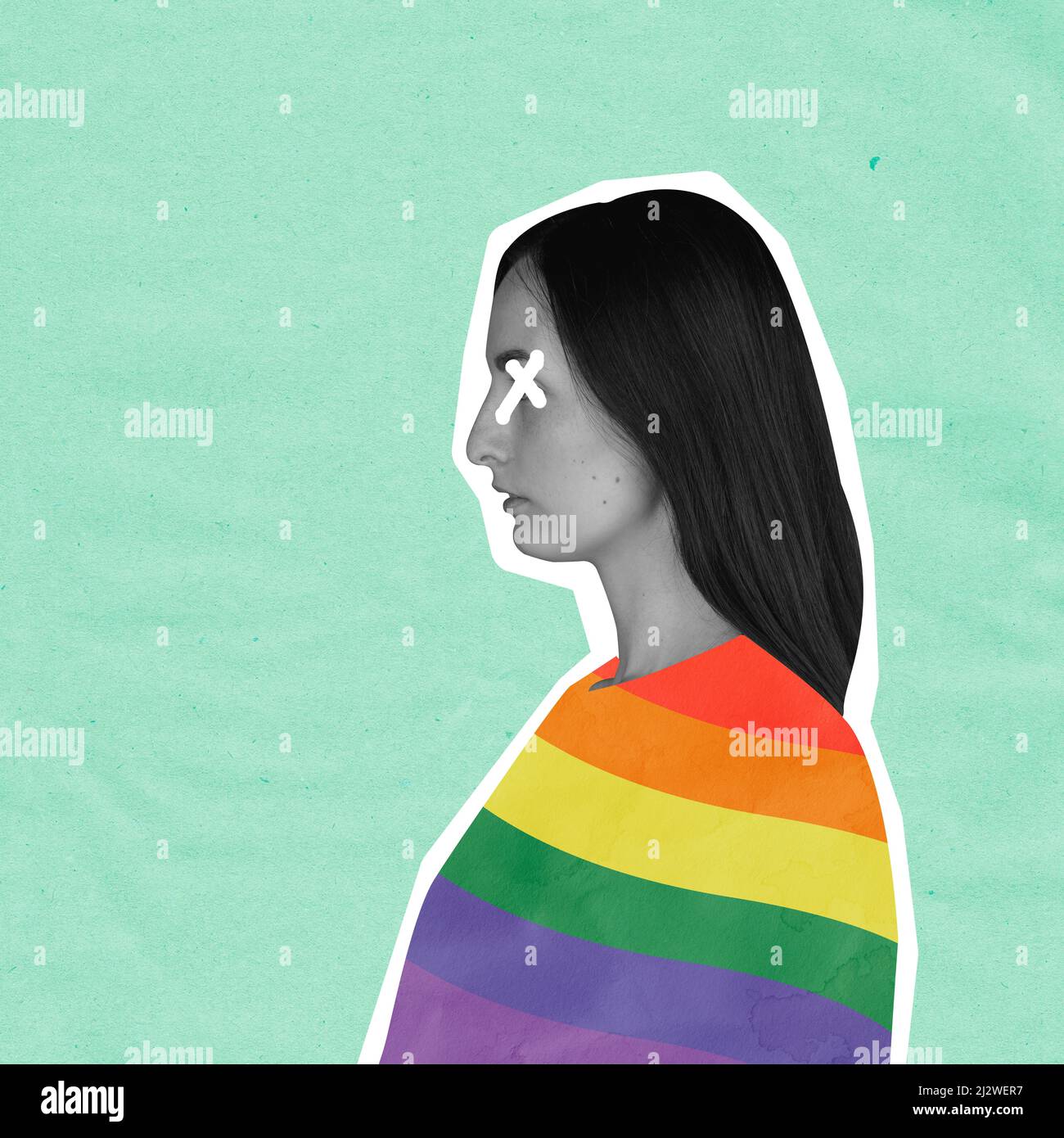 Contemporary art collage. Young woman with rainbow colors cloth ...