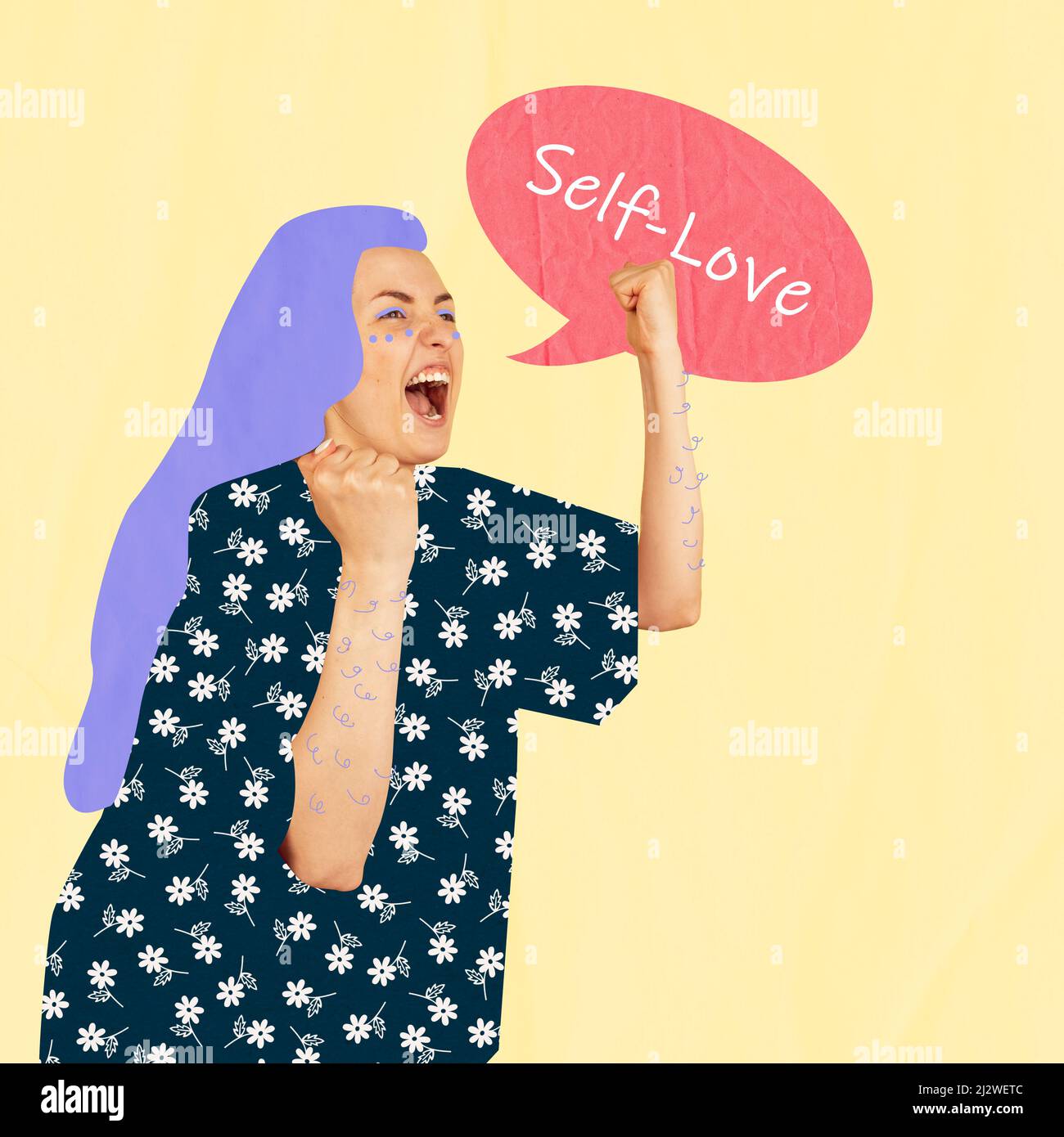 Contemporary art collage. Young woman shouting about self-love issues ...