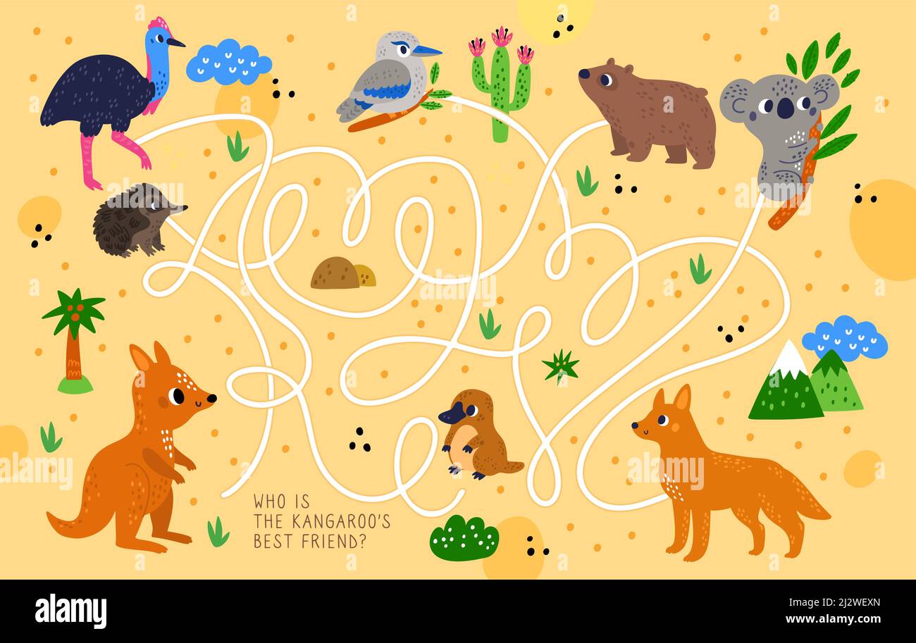 Cartoon Australian animals. Exotic fauna maze. Kids educational game ...