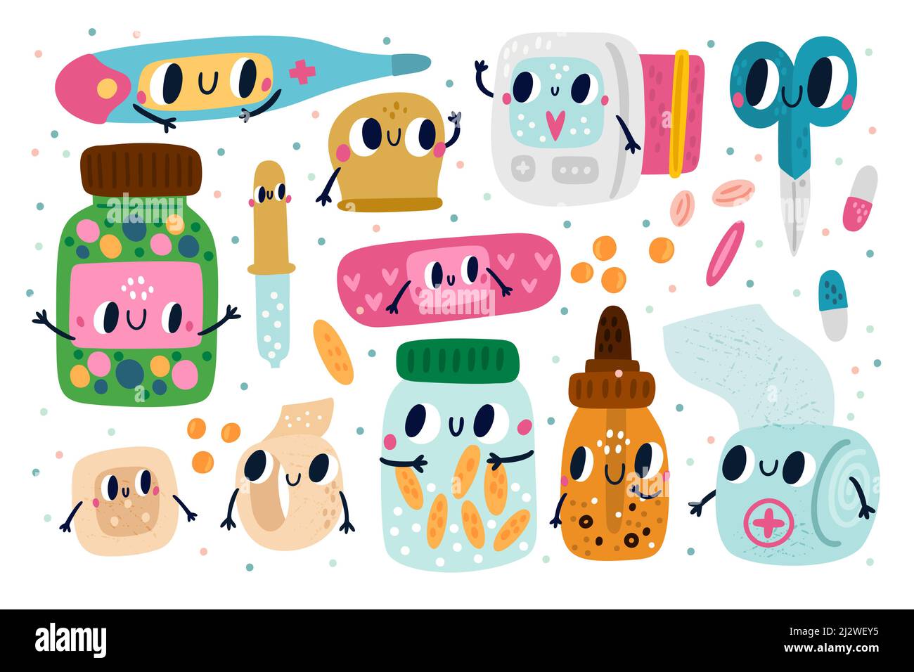 Cartoon pills bottles. Cute kids medicine characters with funny faces ...