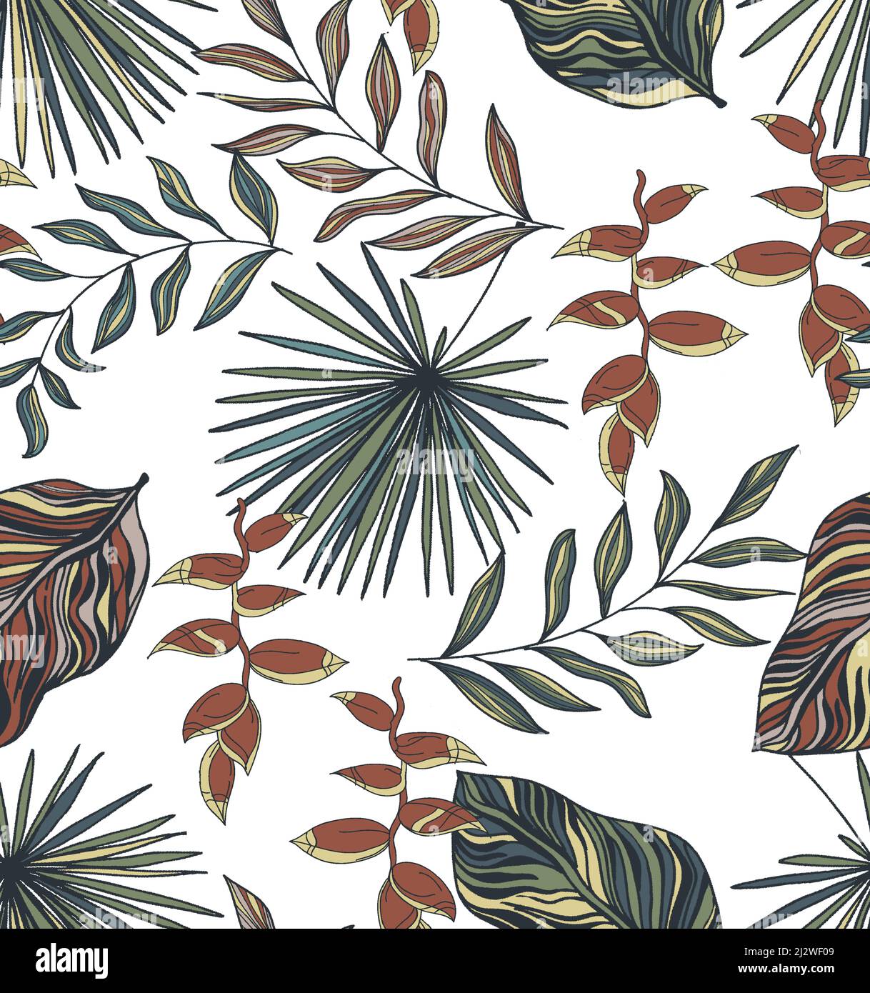 Tropical leaf pattern with outlines seamless Stock Photo - Alamy