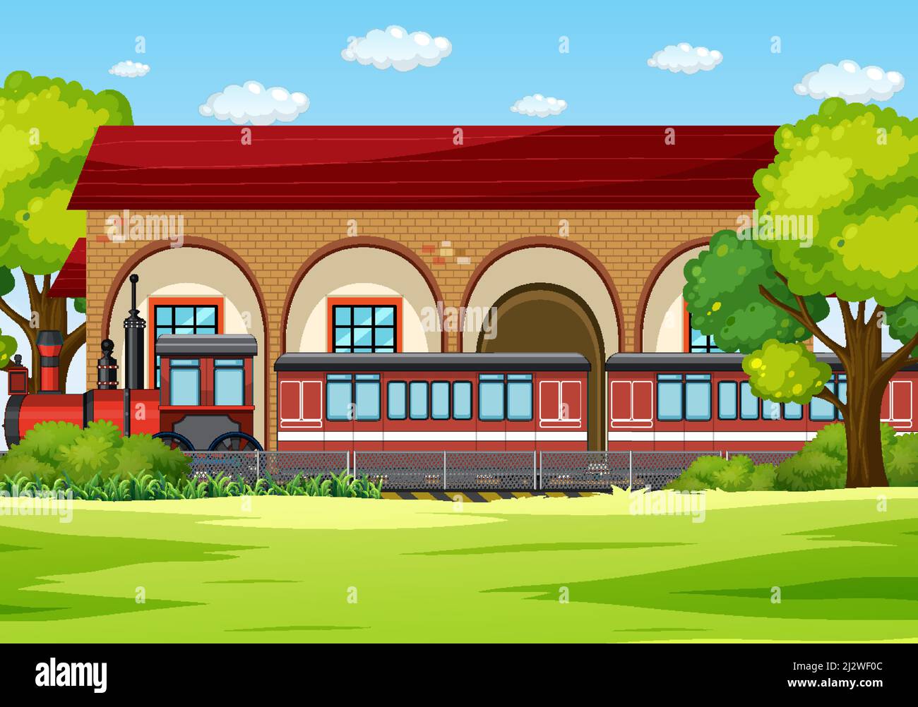 Train station scene with steam locomotive illustration Stock Vector ...