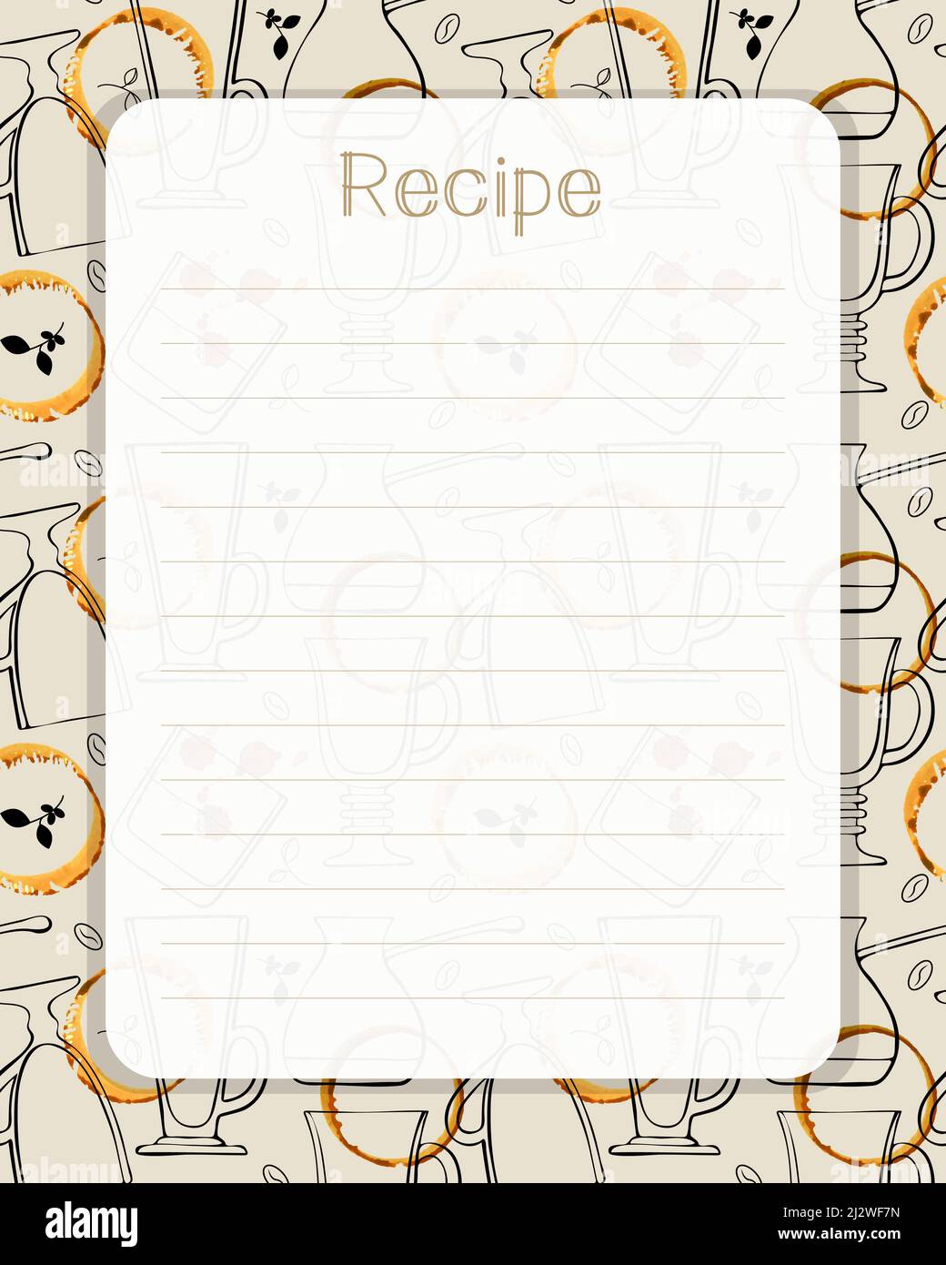 Recipe card lined blank template pattern with doodle glass, coffee ...