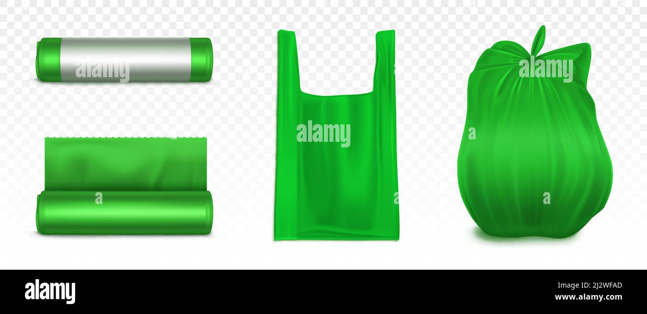 Trash bag mockup, plastic roll and sack empty full of garbage. Green ...
