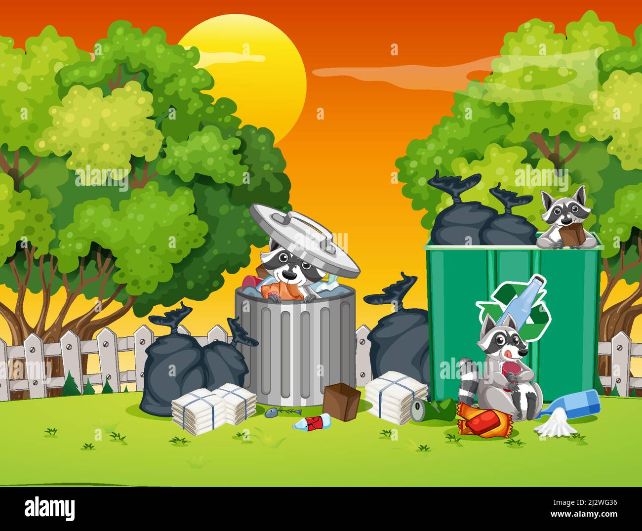 Scene with raccoons eating from trash illustration Stock Vector Image ...
