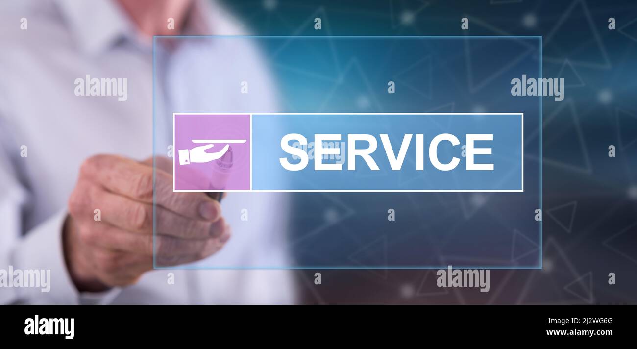 Man touching a customer service concept on a touch screen with a pen ...