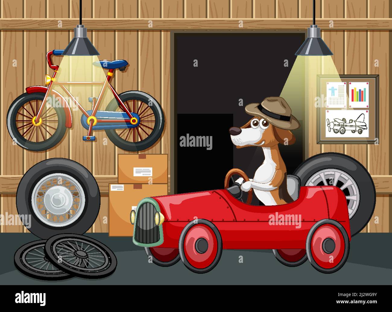 Dog driving car in garage illustration Stock Vector Image & Art - Alamy