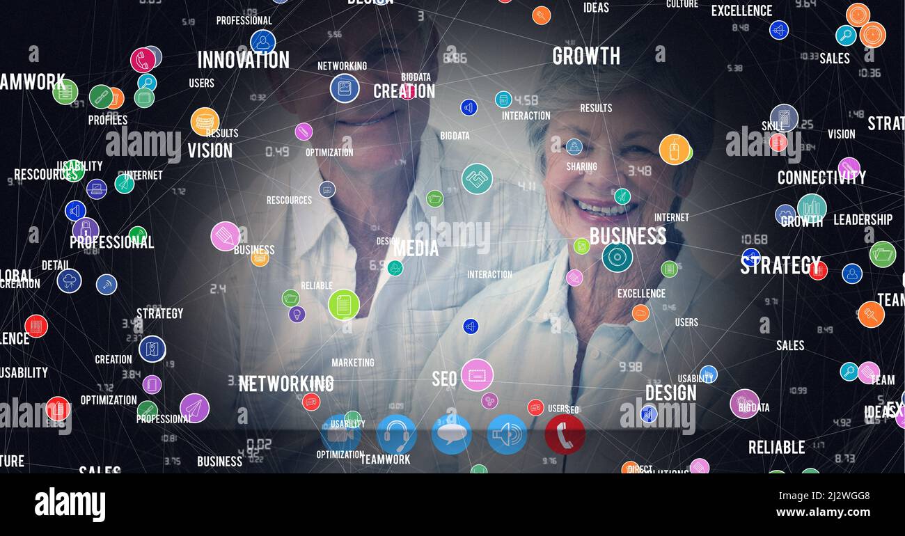 Composition of network of connections with digital icons and text over ...