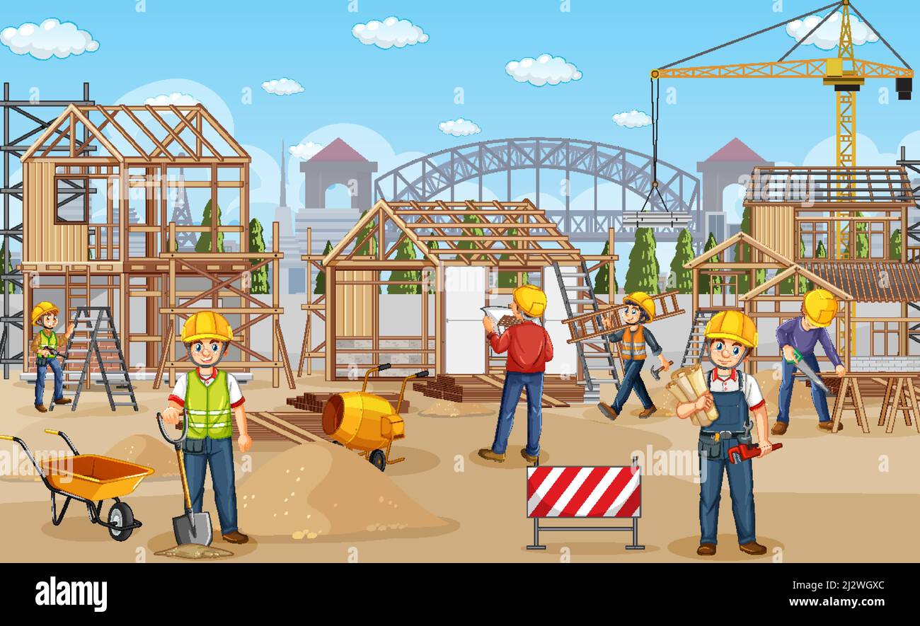 Building construction site with workers illustration Stock Vector Image ...