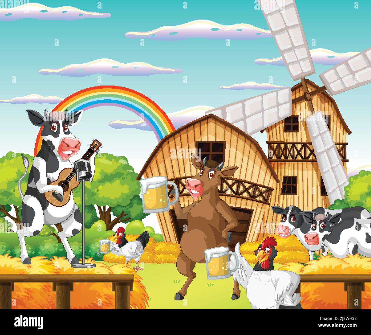 Outdoor cow farm scene with happy animals illustration Stock Vector ...