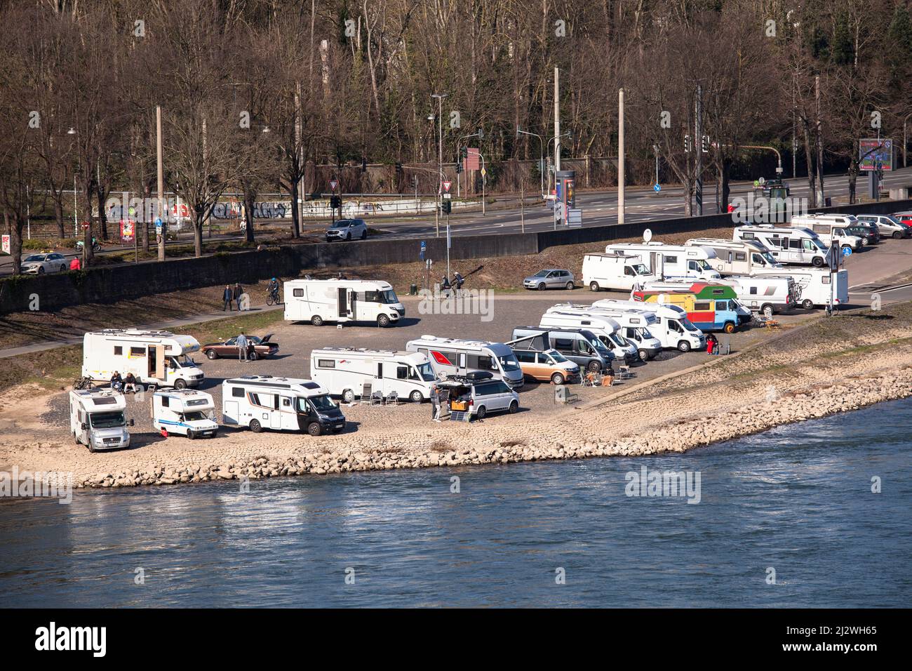 motorhomes on the banks of the Rhine in the district Rodenkirchen ...