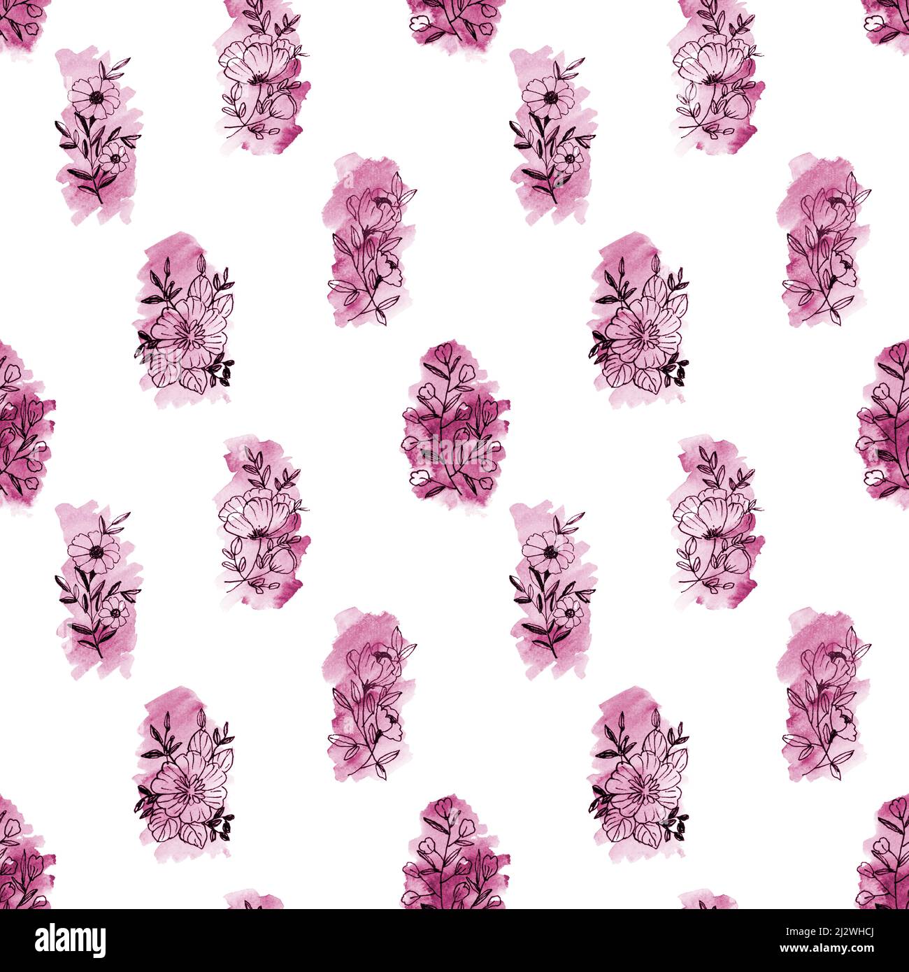 Seamless Hand Illustration Black outline florals with monochrome ...