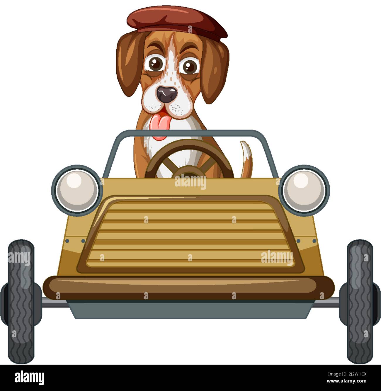 Funny dog cartoon character driving car on white background ...