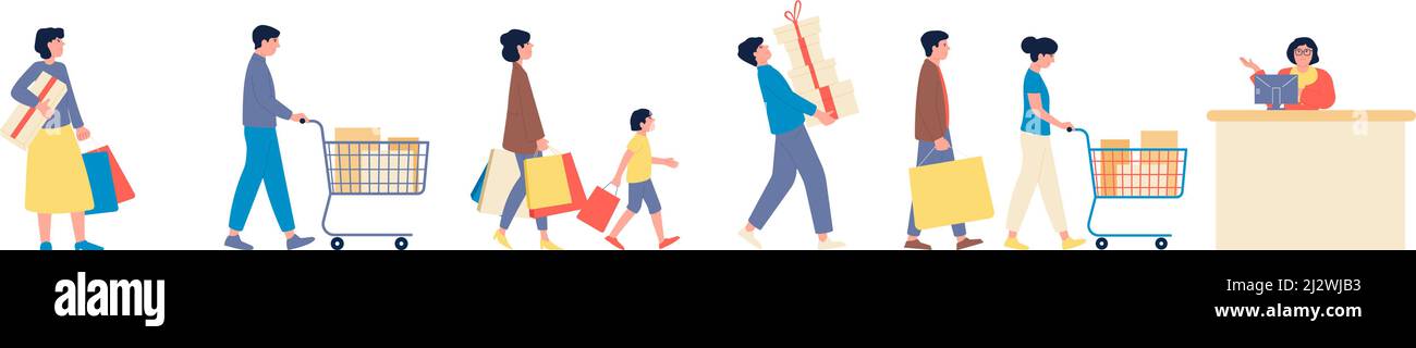 Store waiting line. People queue with purchases to cashier, persons in ...