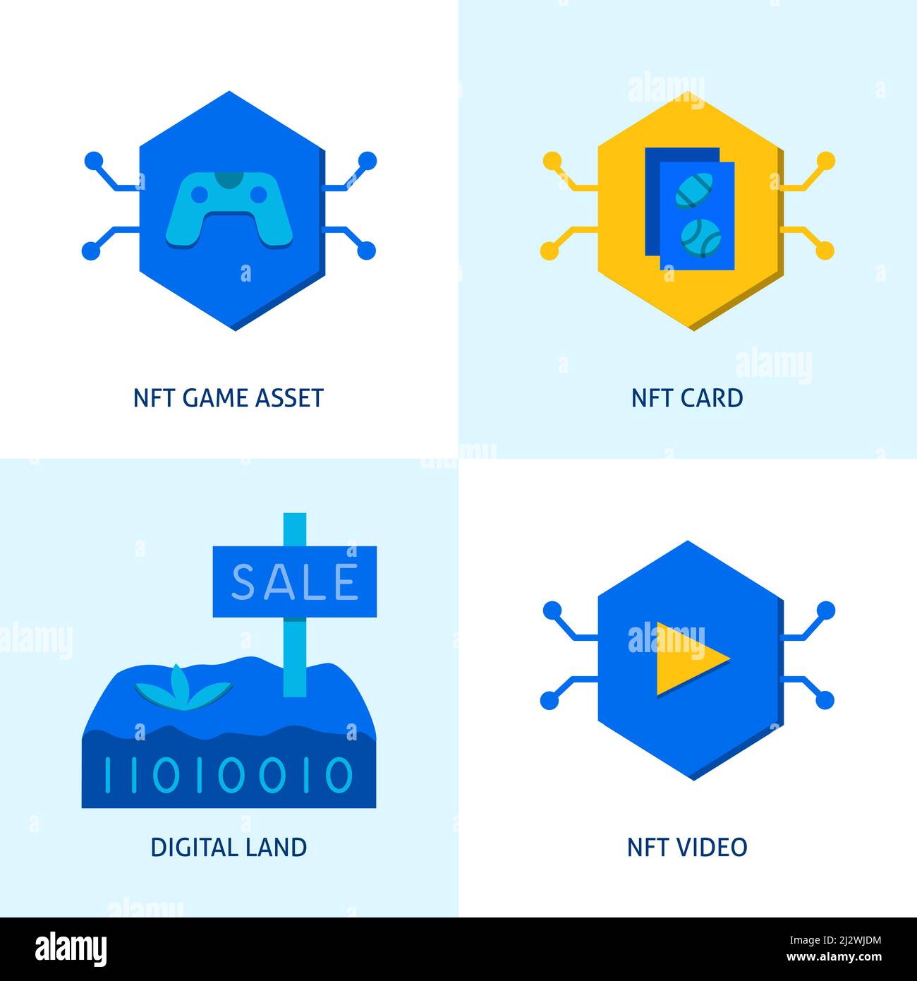 Digital assets icon set in flat style. Virtual property, NFT card and ...