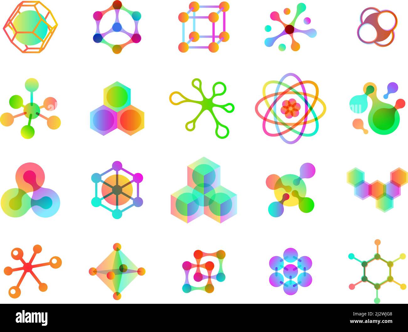 Connected molecules. Molecular cell, energy molecules colorful icons ...