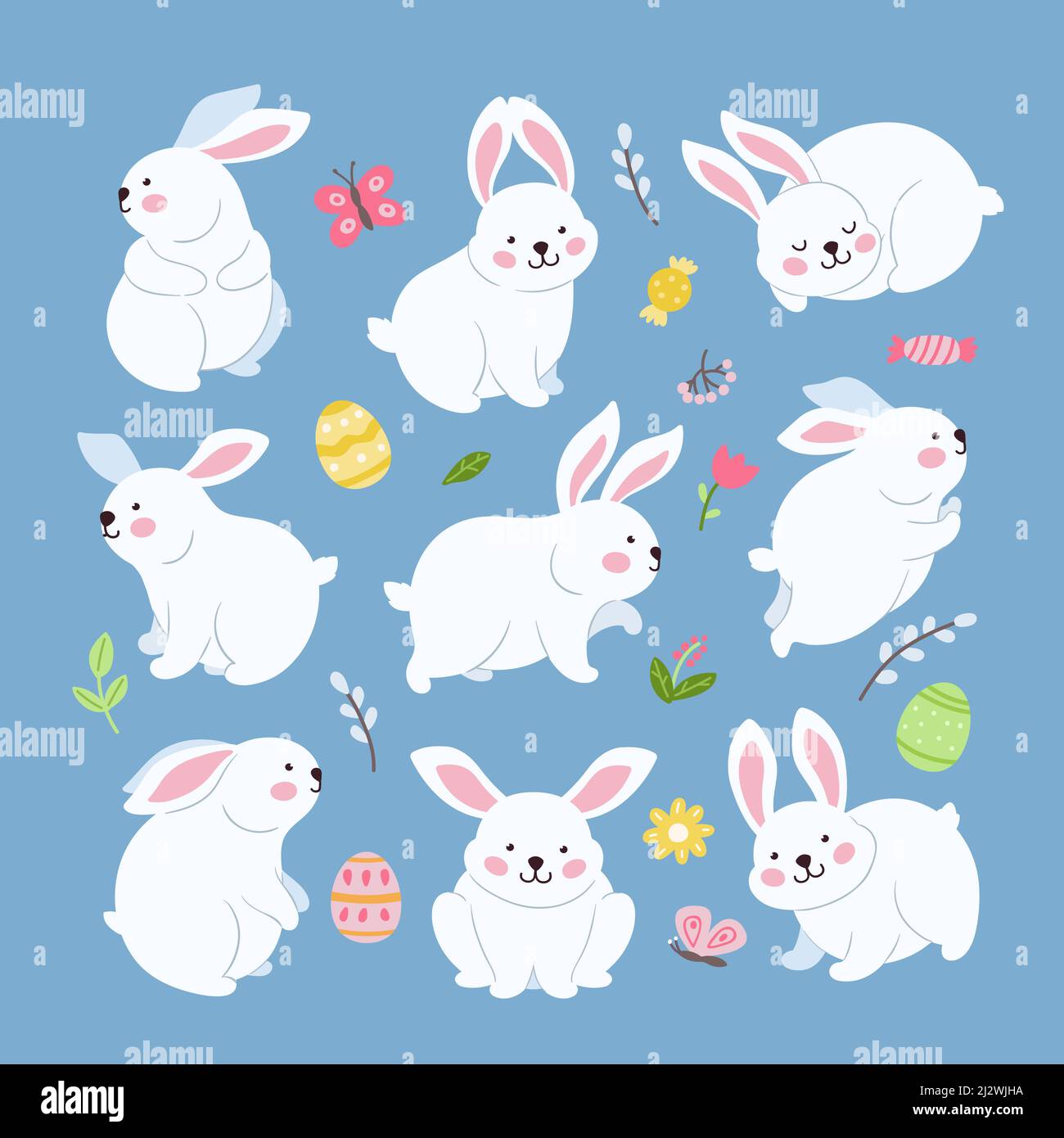 Rabbits characters. Smart bunny and easter eggs, spring rabbit set ...