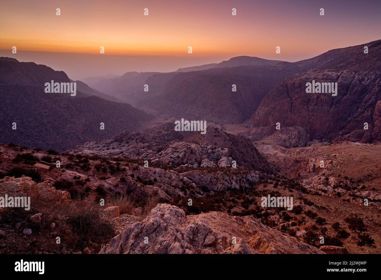 Jordan sunset landscape. Rocky mountain with orange evening in Dana ...