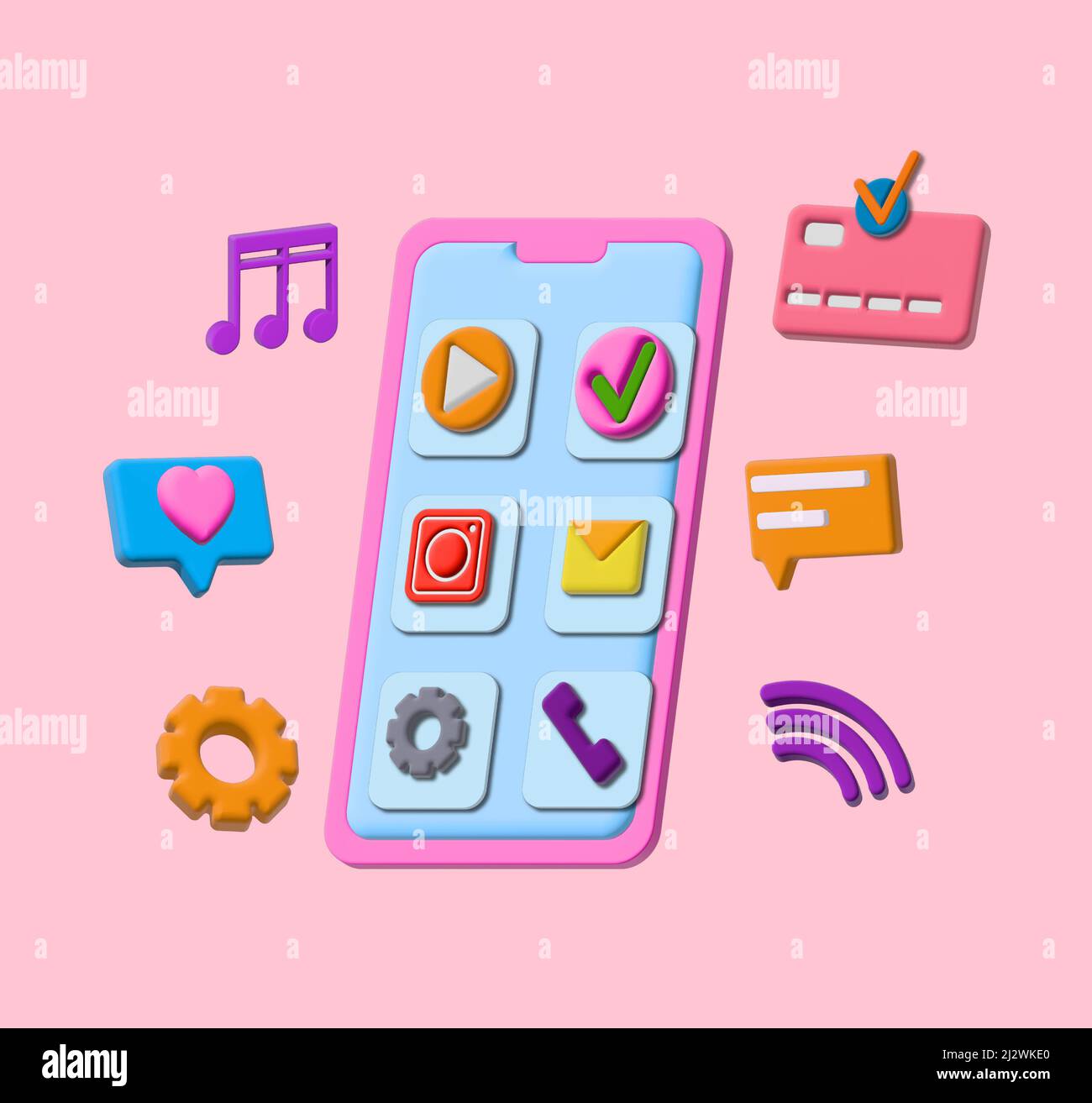 3d mobile phone surrounded by floating elements, icons of mobile ...