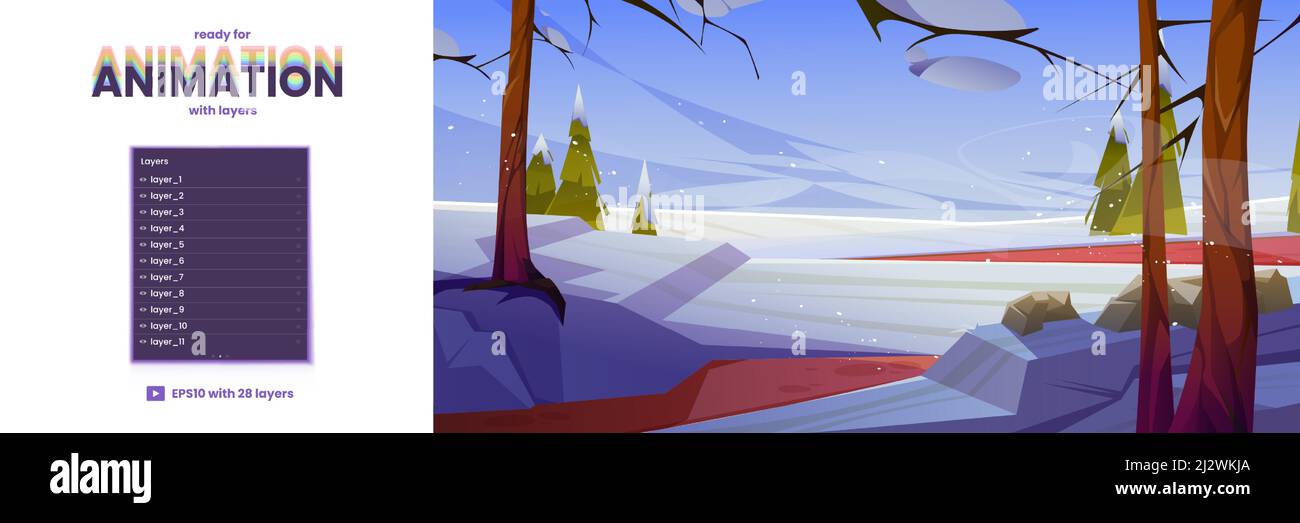 Winter landscape ready for game animation. Cartoon separated layers ...
