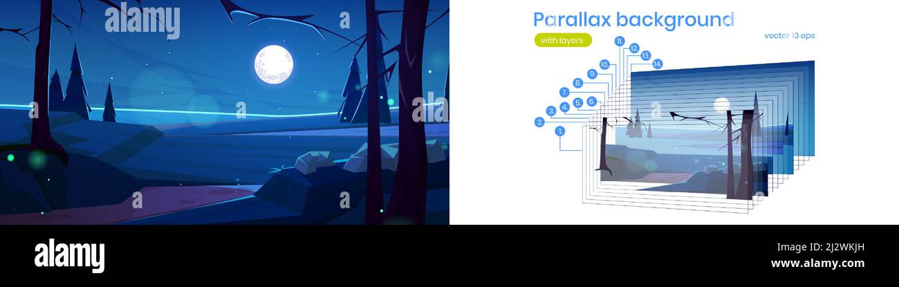 Parallax background, cartoon night nature landscape with field, dirt ...