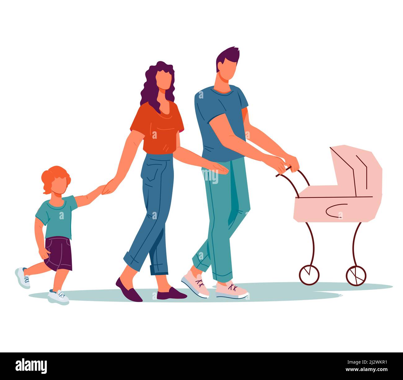 Young family couple with two children, with toddler and baby walking ...