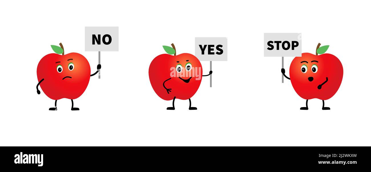 Cartoon character apples, holding a sign with words NO, STOP or Yes ...