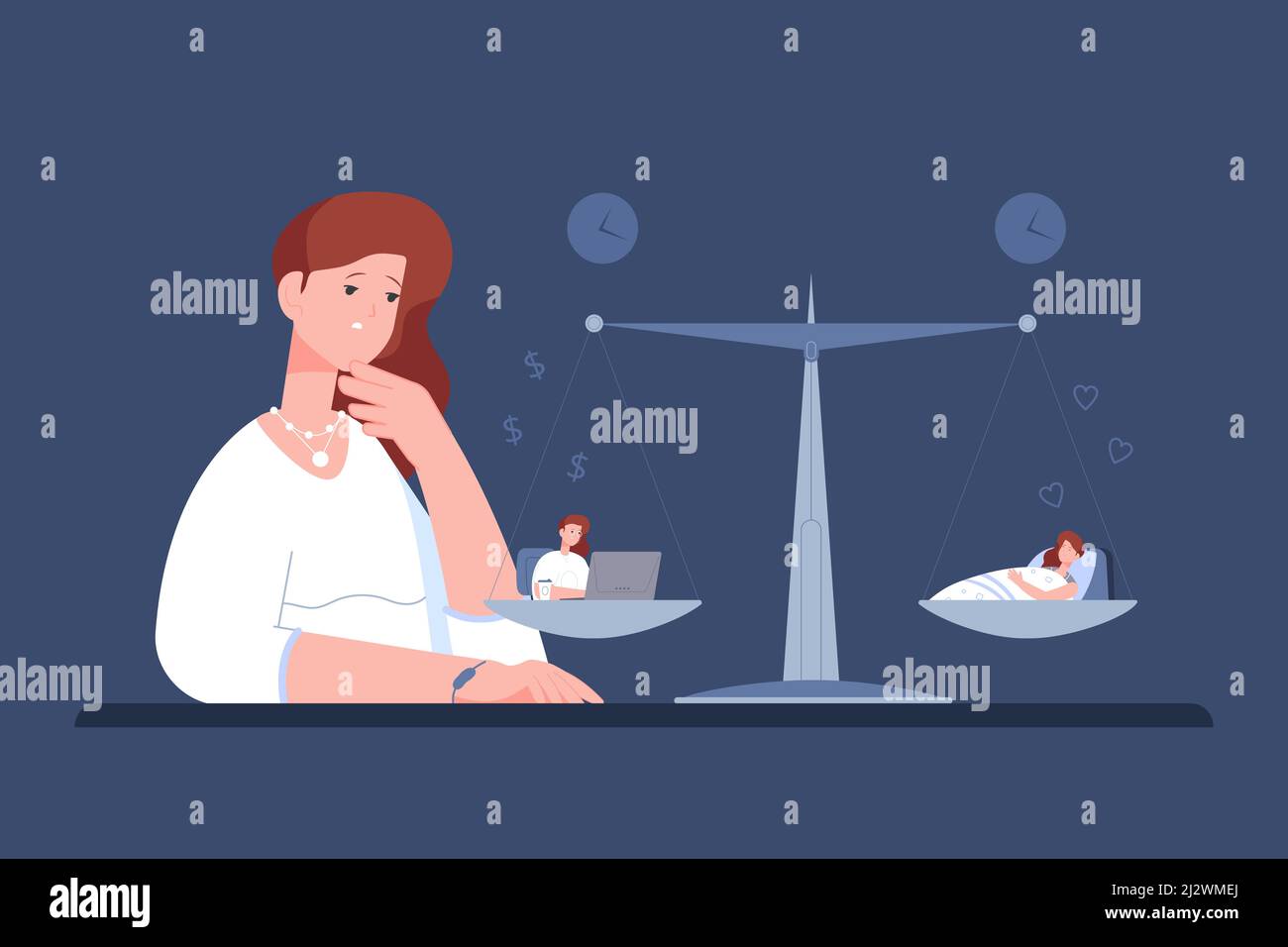 Businesswoman chooses time. Tired woman life choice between work and ...