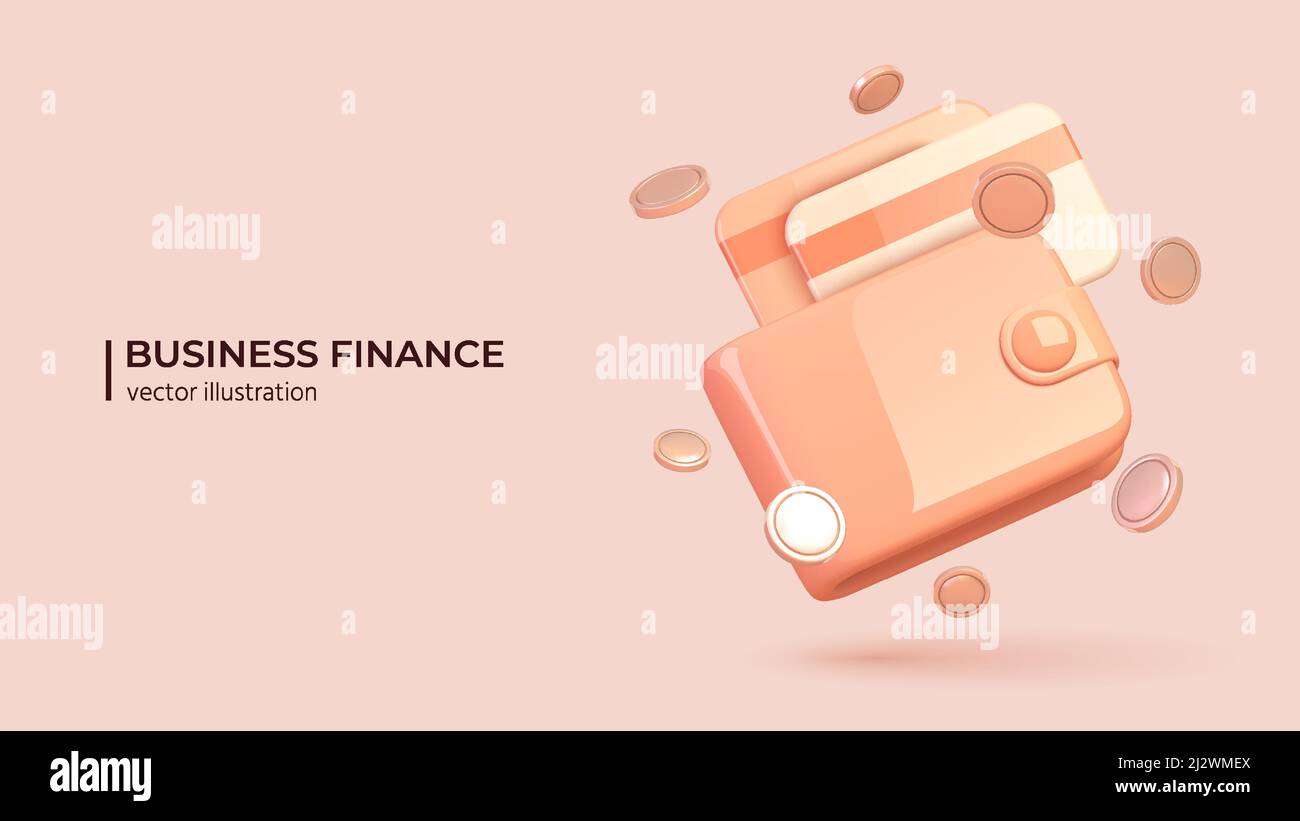 3D render of pink wallet with cards and coins around it. Wallet with ...