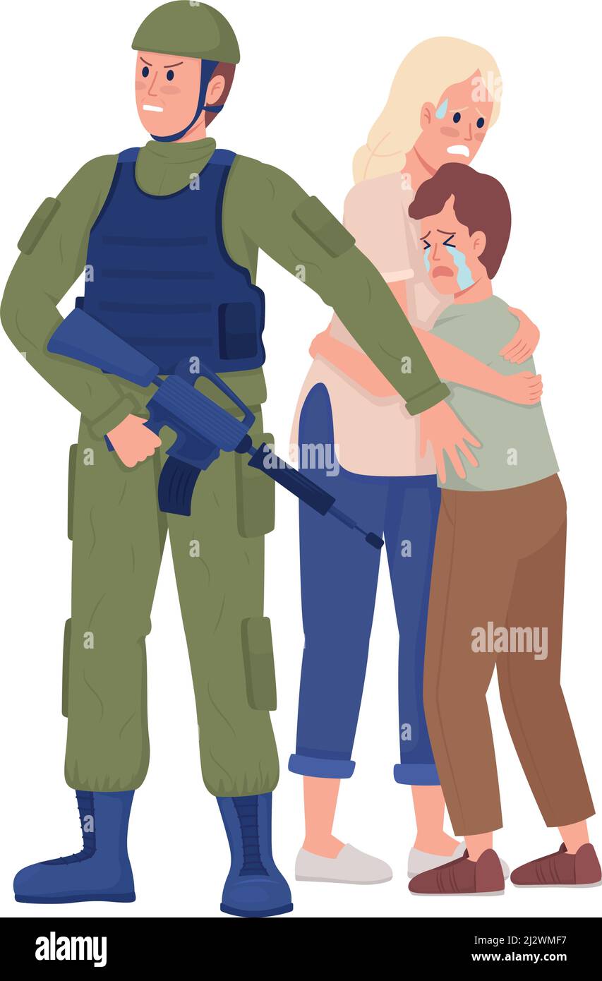 Soldier protects family semi flat color vector characters Stock Vector ...