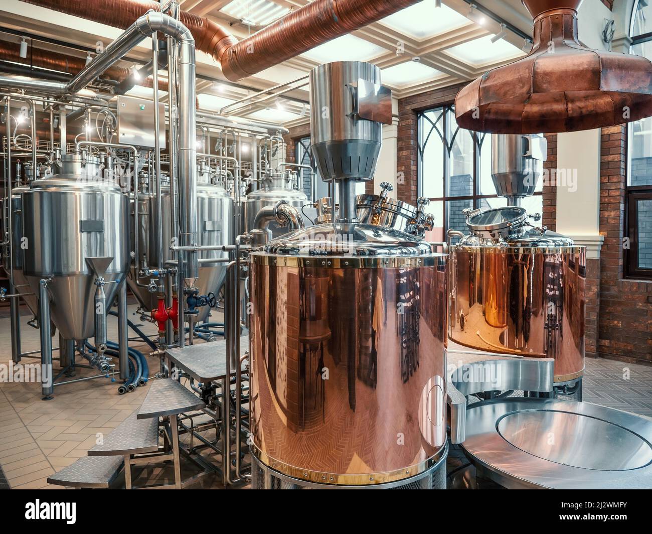 Brewery equipment. Brew manufacturing. Round steel storage tanks for ...