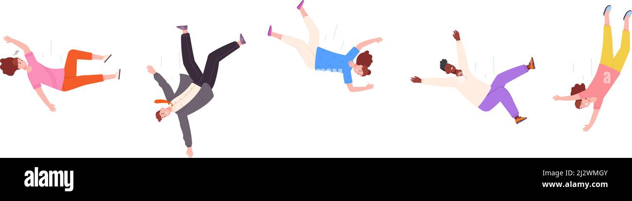 People fly down. Falling woman and man, human smashing fail drowning ...