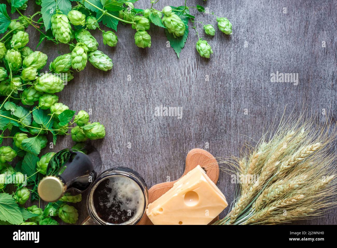 Beer background. Fresh beer and the salty cheese on a table. Top view ...