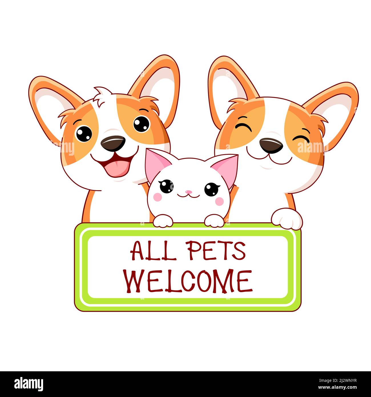 Kawaii two corgi puppies and kitty with pet friendly vector label ...
