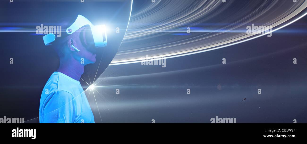 Man is using virtual reality headset. Elements of this image furnished by NASA. Concept of ...
