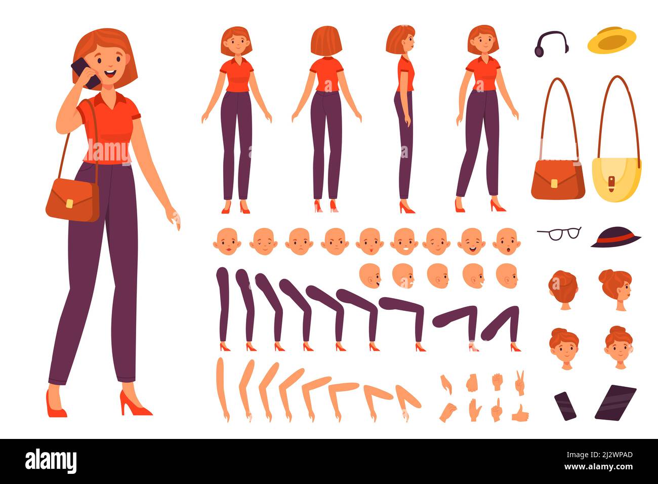 Cartoon female character kit. Young woman with individual body parts ...