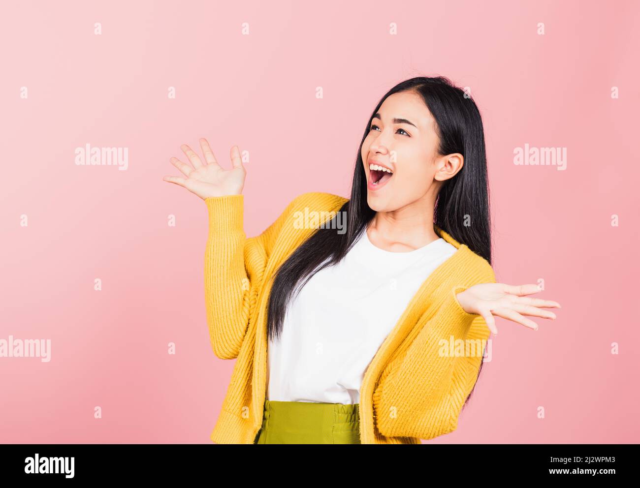 Happy Asian portrait beautiful cute young woman standing winning and ...