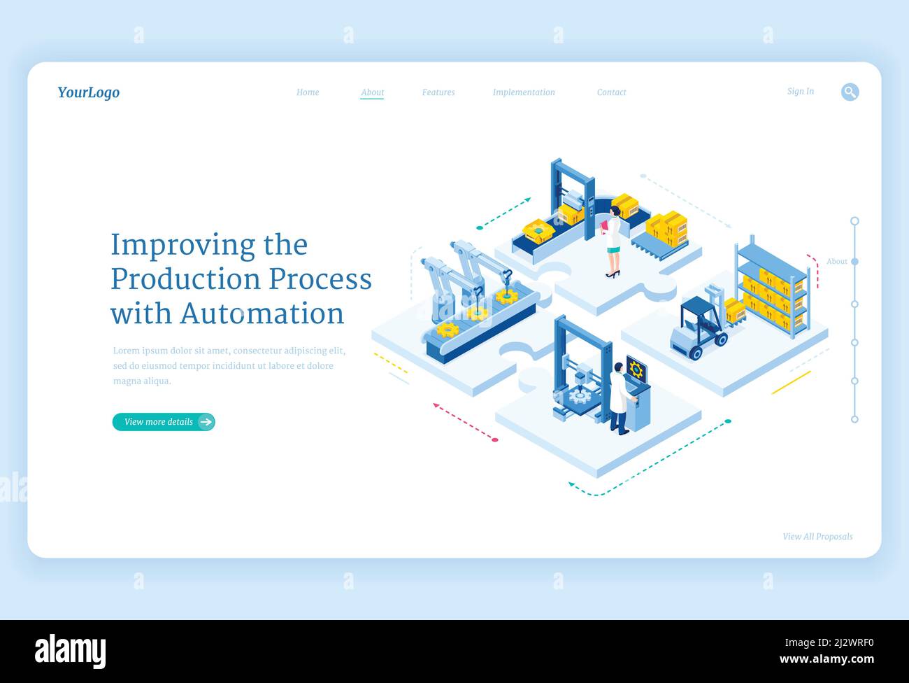 Production process with automation isometric landing page. Factory robotics arms on conveyor ...